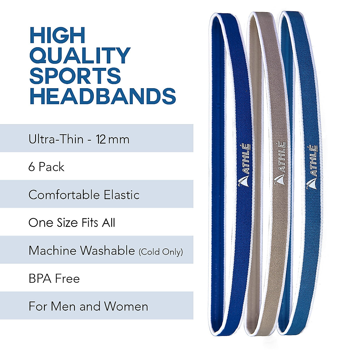 Athlé Skinny Headbands for Women and Men - 6 Pack - Elastic Headbands for Women and Men - Non Slip Silicone Grip - Lightweight and Comfortable Thin Headbands - Blue, Grey