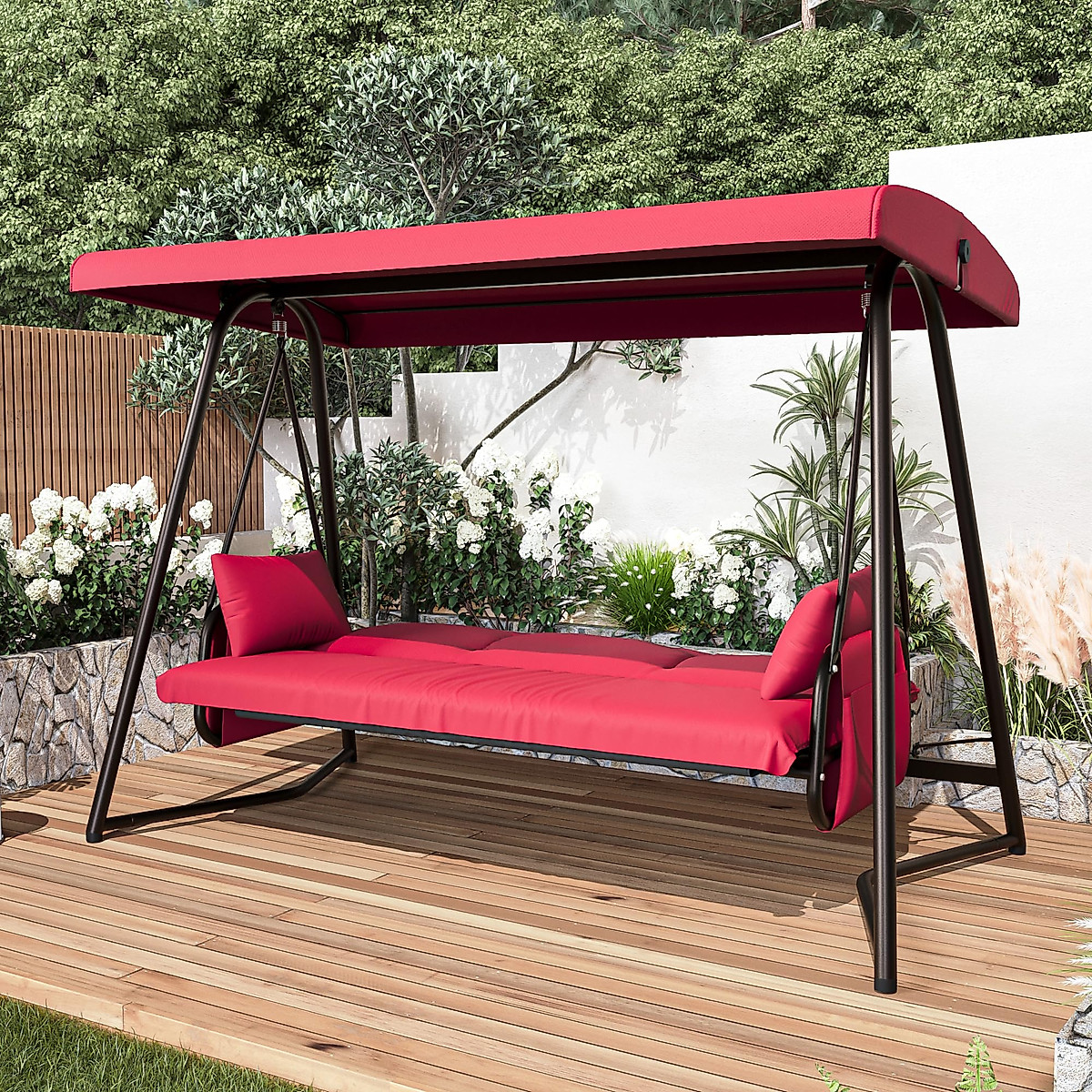 3 to 4 Seat Porch Swing, 2-in-1 Outdoor Swing Bed with Adjustable Backrest Canopy 800 lbs Capacity Patio Swing Chair with Stand Cushions Pillows for Backyard