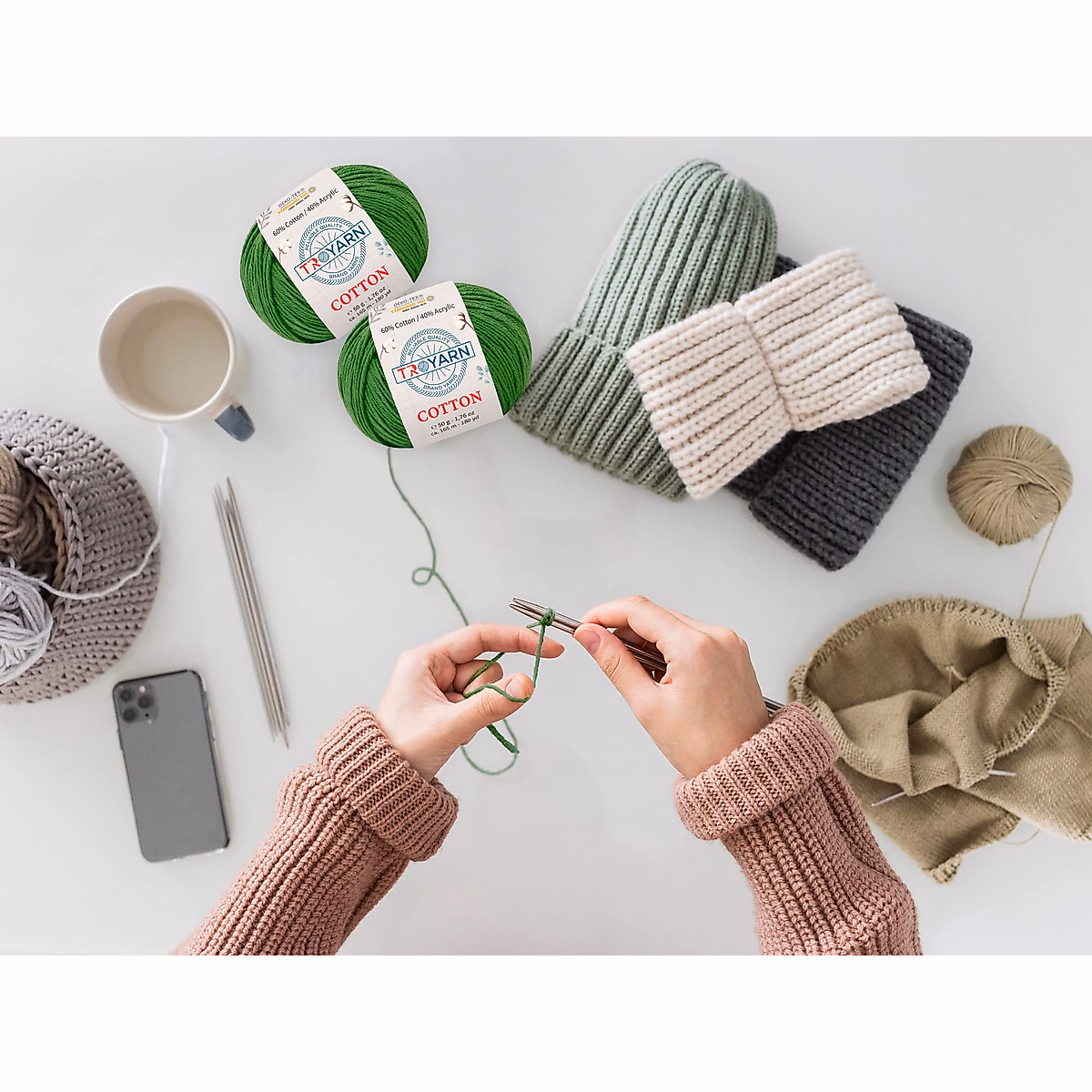 Troyarn Cotton 60% Cotton 40% Acrylic Yarn, Soft, Fine/Sport (2) for Crochet and Knitting 1.76 Oz (50g) / 180 Yds (165m) (10323 - Light Blue)