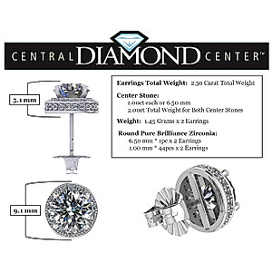 Central Diamond Center Round Halo Stud Earrings Sterling Silver w/Pure Brilliance Zirconia - 6.50mm Center, 2.50cttw - Platinum