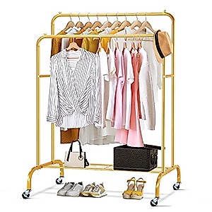 Sapodilla Double Rod Garment Rack with Shelf,Heavy Duty Hanging Clothes Rack with Wheels,Rolling Clothing Rack for Hanging Clothes,Clothes Hanger Rack,Metal Frame,Gold