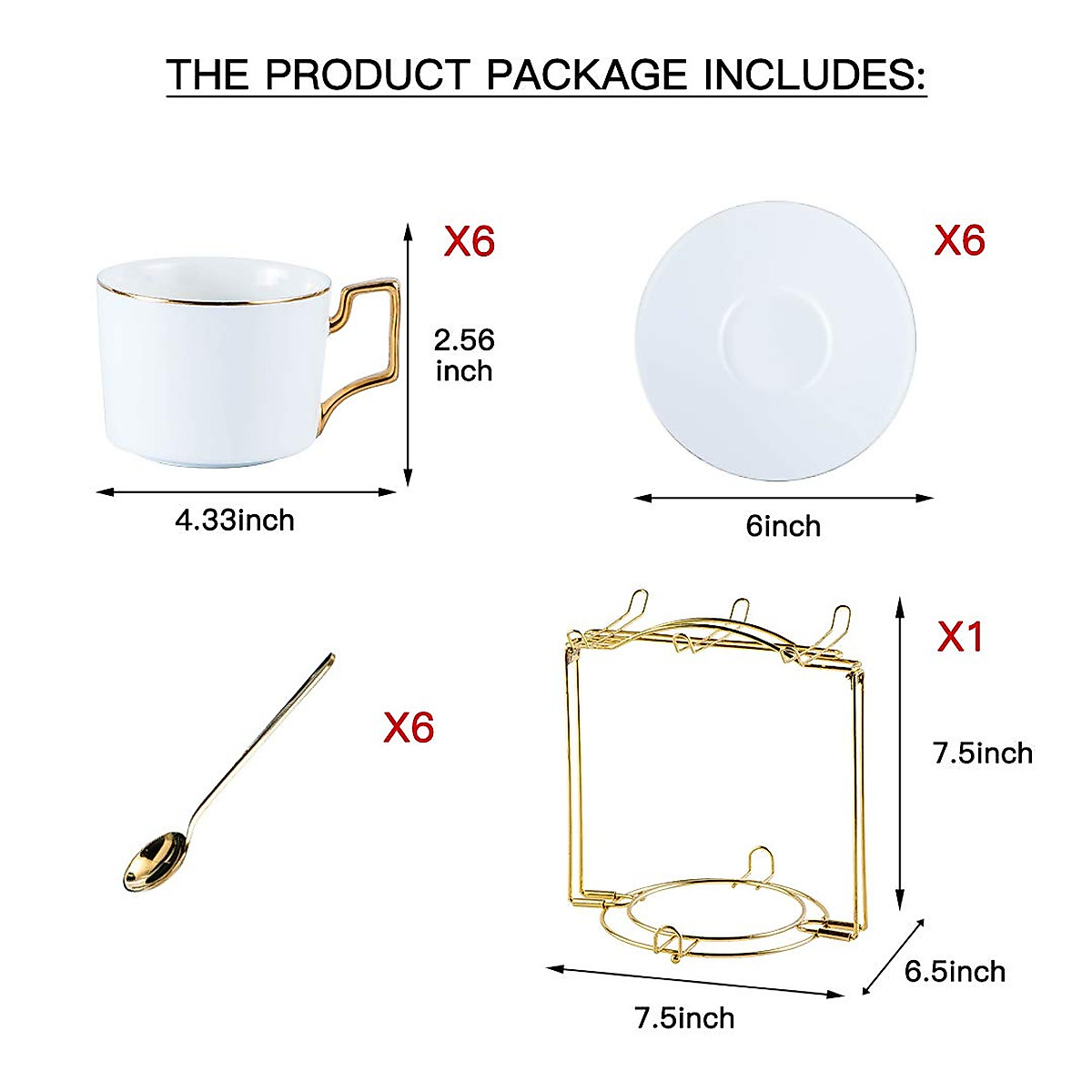 CHILDIKE Ceramic Demitasse Espresso Cups Set with Saucers and Metal Stand, 7 oz Porcelain Stackable Cappuccino Cups for Tea, Latte, Coffee, Cafe Mocha, Set of 6, Matte White