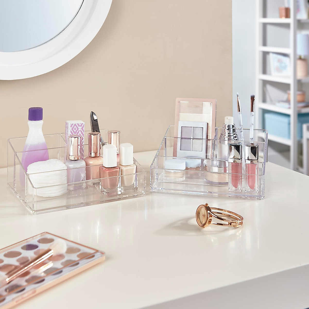 STORi Clear Plastic Vanity Makeup Organizer | Compact Rectangular 4-Compartment Holder for Brushes, Eyeshadow Palettes, & Beauty Supplies | Made in USA