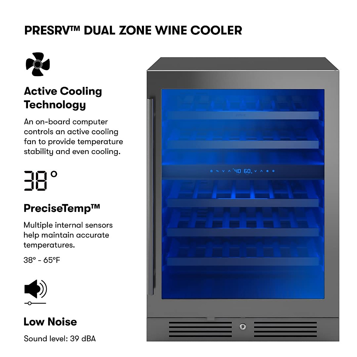 Zephyr Presrv 24" Wine Fridge Dual Zone Under Counter - Countertop Mini Wine Cooler Cellars Small Cabinet Wine Refrigerator Home Bar Chiller Freestanding with French Glass Door Black, 45 Bottles 750ml