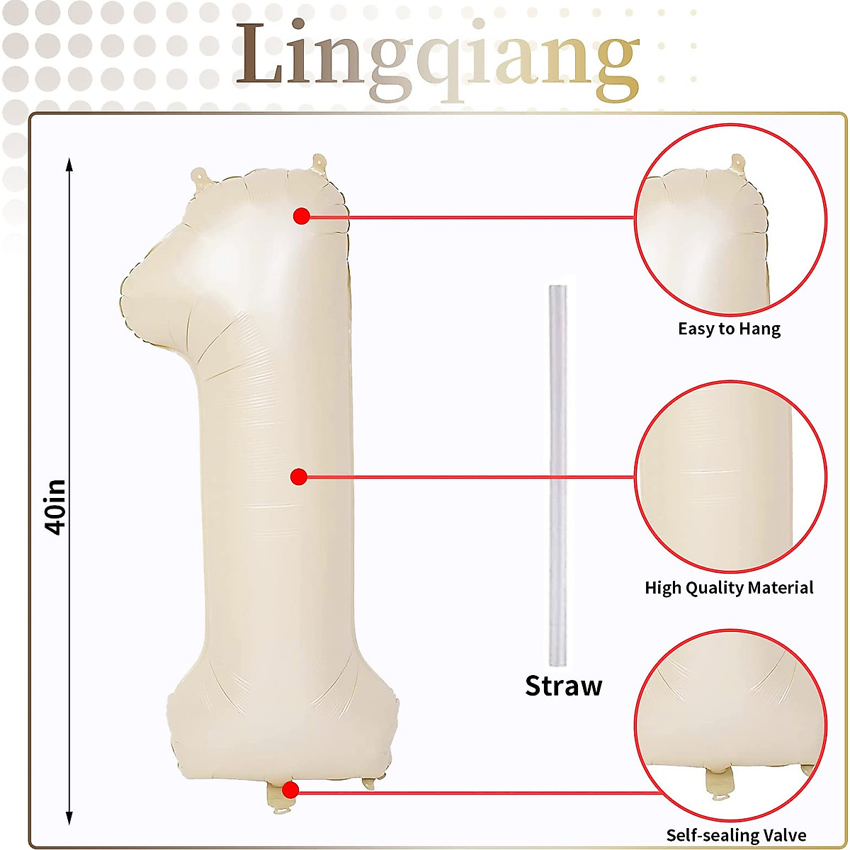 40 Inch Beige Number 1 Balloon for 1st Birthday Decoration, Large Self Inflating Cream Foil Number Balloons 0-9 for Boys Girls, White Sand 1 Helium Balloons for Women Men Party Anniversary Supplies