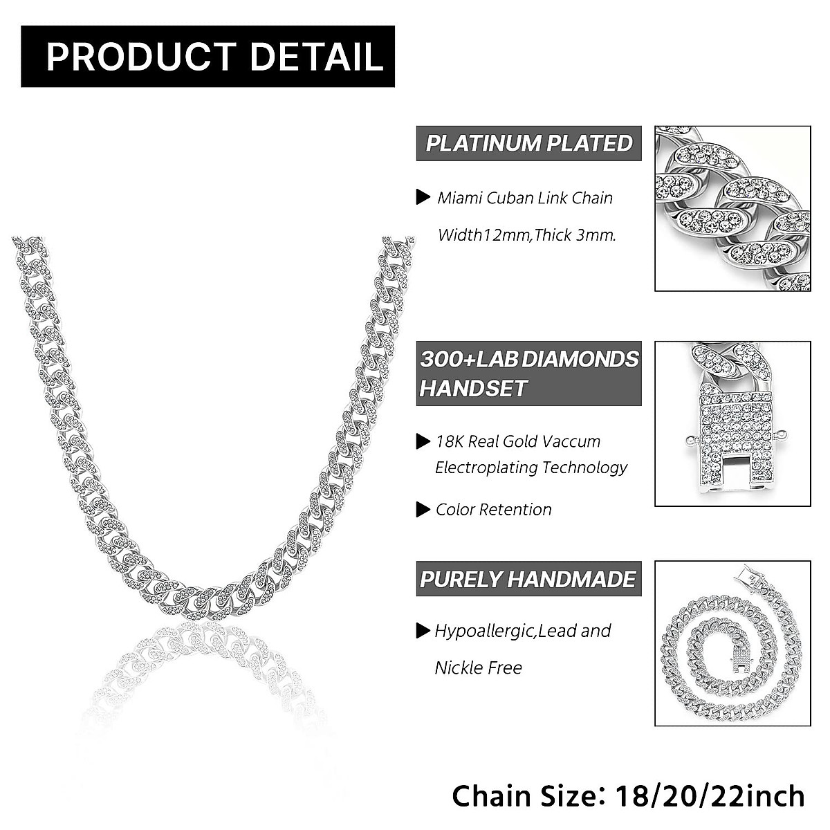 MOFEIJEWEL Miami Cuban Link Chain Necklace Bling CZ Diamonds Chain Iced Out Hip Hop Jewelry Gifts for Men Women Gold Silver (18 inch, Silver)