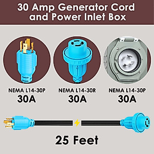 CircleCord 4 Prong 25 Feet 30 Amp Generator Extension Cord and Inlet Box with Locking Connector, Heavy Duty NEMA L14-30P/L14-30R, 125/250V 7500W 10 Gauge SJTW Generator to House Power Cord