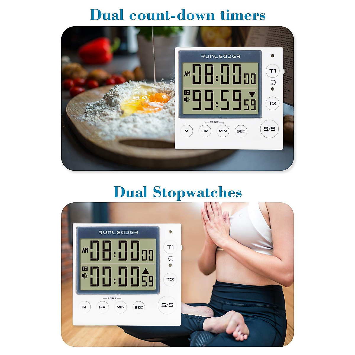 Runleader Kitchen Timer, Bakery Timer, Digital Display Cooking Timer Count Down/Count Up Timer with Magnetic Back,Independent Button,Aloud Alarm,for Cooking Learning Sport Office(Battery Included)