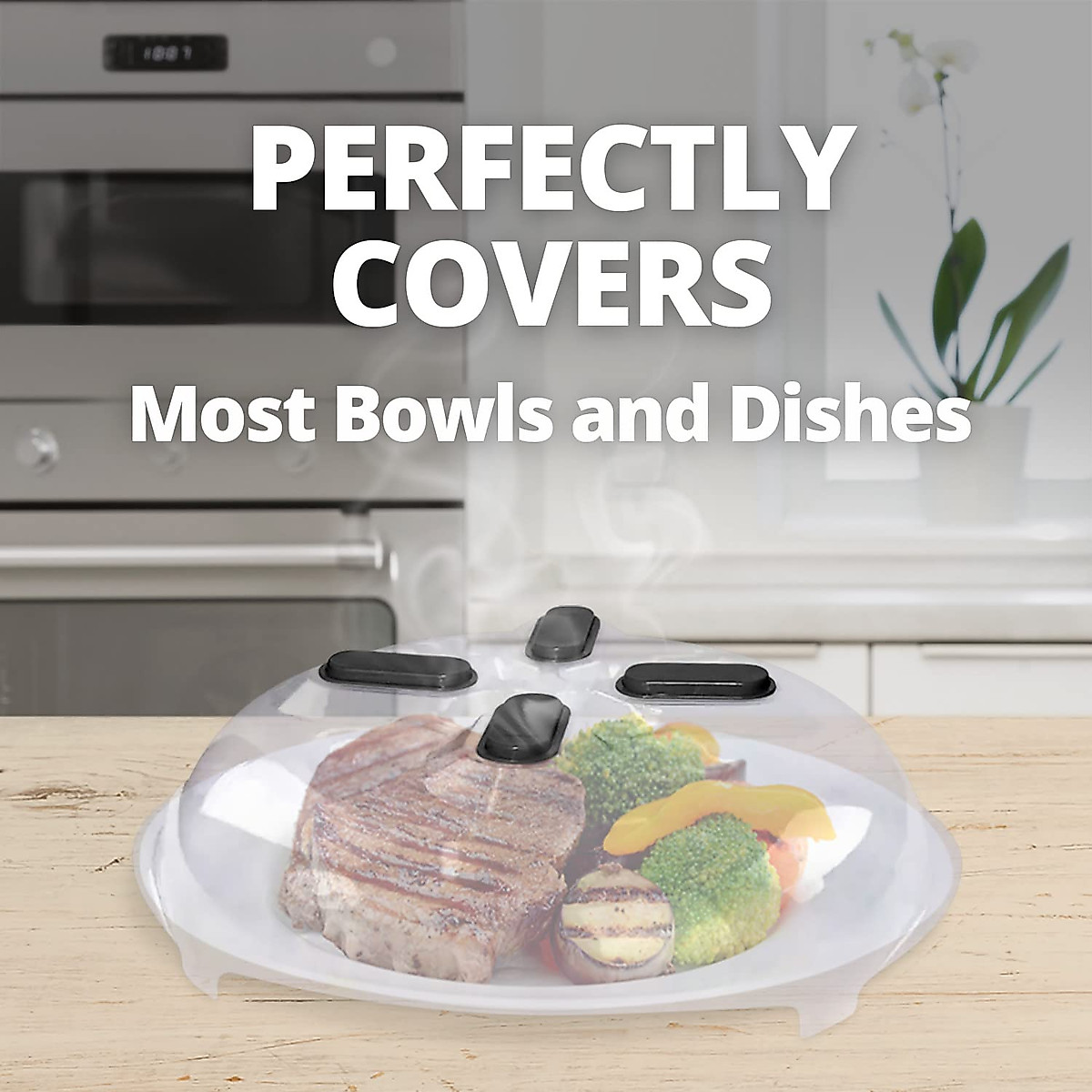Hover Cover Magnetic Splatter Cover, 12-Inch Clear BPA-Free Food Lid, Vented Plate Guard with Steam Vents, Anti-Splash Microwave Lid, Dishwasher Safe, Space-Saving Magnetic Storage - Black 2 Pack