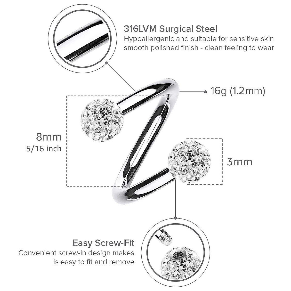 2pc Twisted Barbell Earring Surgical Steel - Twist Helix Earrings 16 Gauge - Spiral Belly Button Rings - 3mm Crystal Lip Ring Body Jewelry 5/16 8mm - CZ
