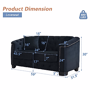 mikibama Modern Chesterfield Velvet Loveseat Sofa, 59 Inch Sectional Sofa, Luxury 2 Seater Upholstered Tufted Couch with Nailhead Arms and 2 Pillows for Living Room, Bedroom, Apartment(Black)