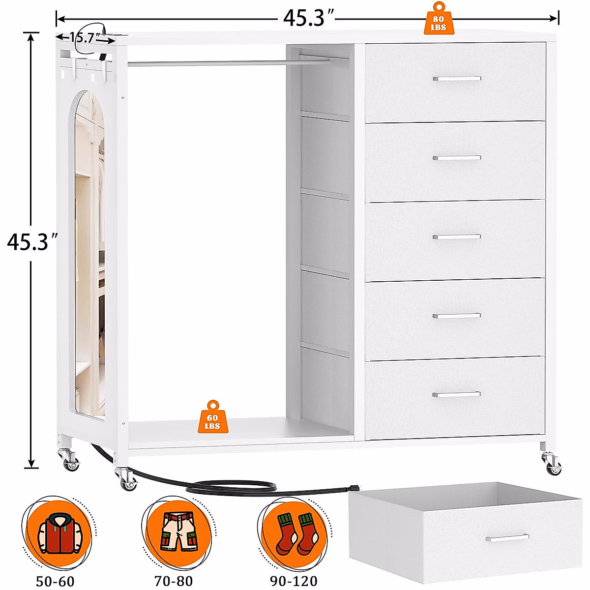 Cyclysio Dresser for Bedroom with Clothes Rack & Mirror, White 5 Drawers Dresser with Charging Station & LED Lights, Rolling Chest of Drawers with Wheels, Full Length Mirror, Wooden Top,Bedroom,Closet