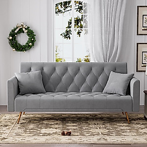OUYESSIR Velvet Futon Couch Bed, 71 inch Loveseat Convertible Sleeper Sofa with 2 Pillows, Modern Small Futon Couch for Bedroom, Living Room (Grey)