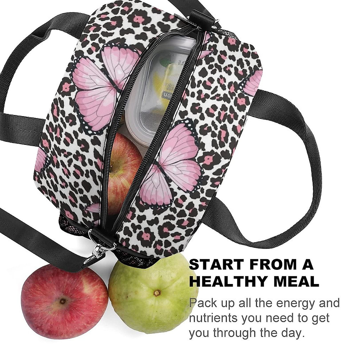 Pink Butterfly Leopard Lunch Bag, Lunch Box Portable Insulated Lunch Tote Bag, Thermal Cooler Bag for Women Work Outdoor