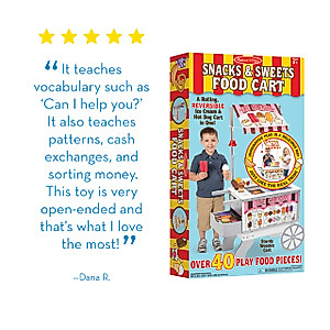 Melissa & Doug Wooden Snacks and Sweets Food Cart - 40+ Play Food pcs, Reversible Awning , Multi Colored