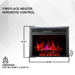 XBrand 28 Inch Long Black Glass and Steel Indoor Insert Electric Fireplace Heater with Remote Control, LED Rolling Flame Effect, and Temperature Limiting Control