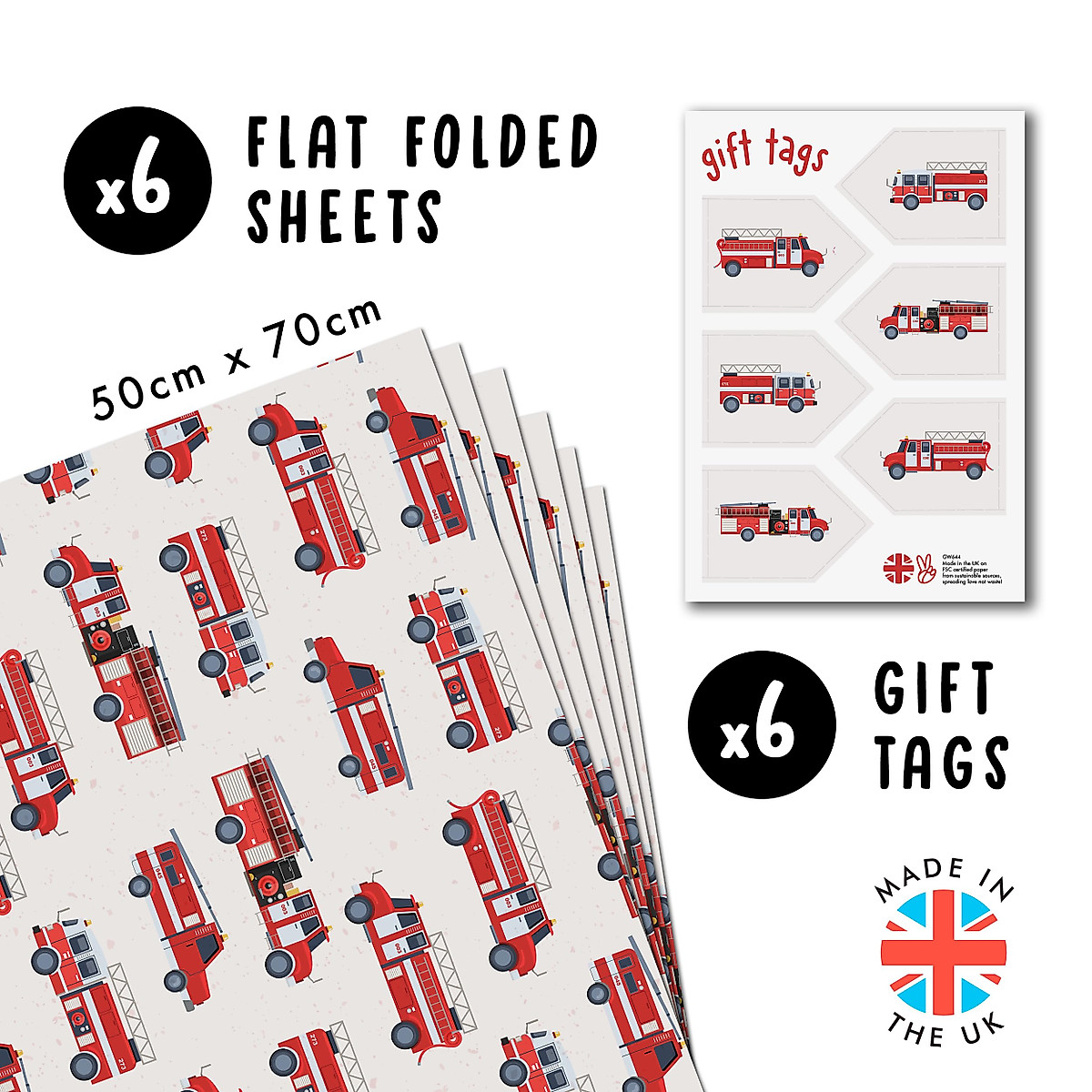 CENTRAL 23 Wrapping Paper For Boys - 6 Sheets Of Fun Birthday Gift Wrap - Fire Engine - Truck - Kids Wrapping Paper - Comes With Cute Stickers - Recyclable Christmas Wrapping Paper - Red White