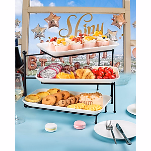 3 Tiered Serving Tray with White Porcelain Platters,Tiered Serving Stand Food Display Stand, Tiered Serving Trays & Platters, Rotatable Foldable Rectangular Plates for Dessert, Brithday Party & Events
