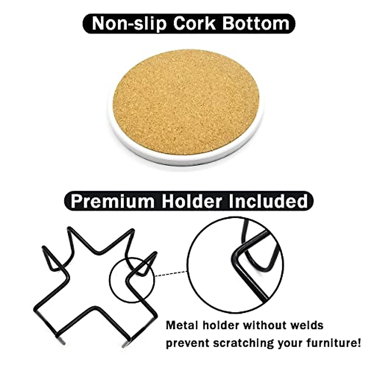 HOPONY Coasters for Drinks,6 Pieces Ceramic Stone Coaster Set with Metal Holder Stand, Cork Base,Absorbent Cups Place Mats for Home Decor,Abstract Leaf