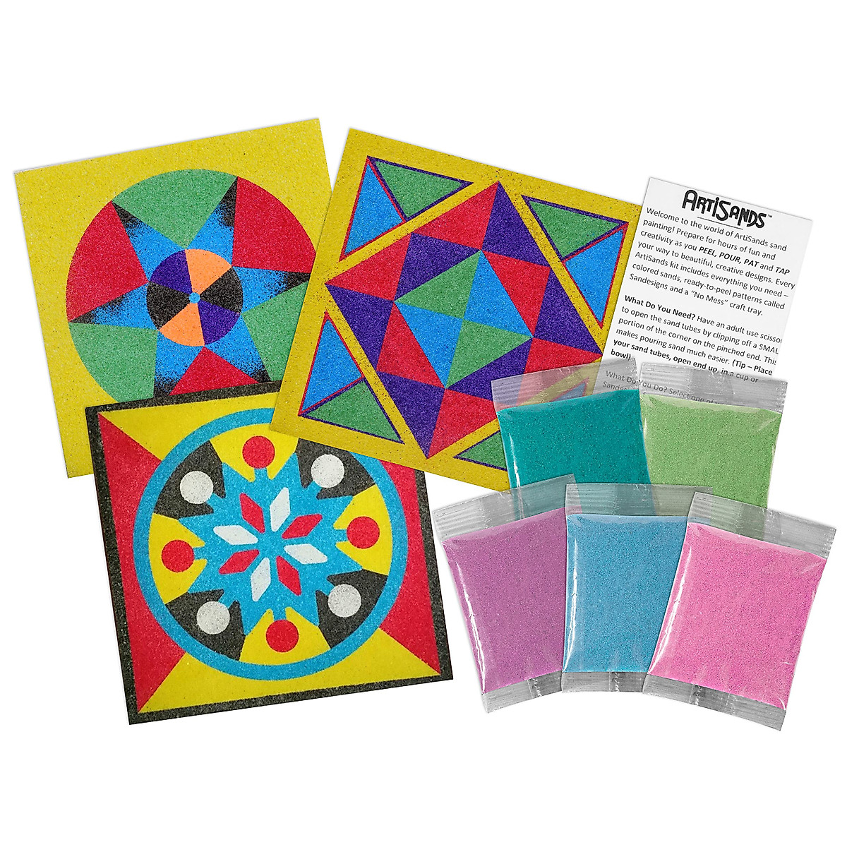 Activa ArtiSands Geometrics Sand Art Board Craft Kit, 3 Designs & 5 Sand Colors | No Scissors, No Glue, No Mess!