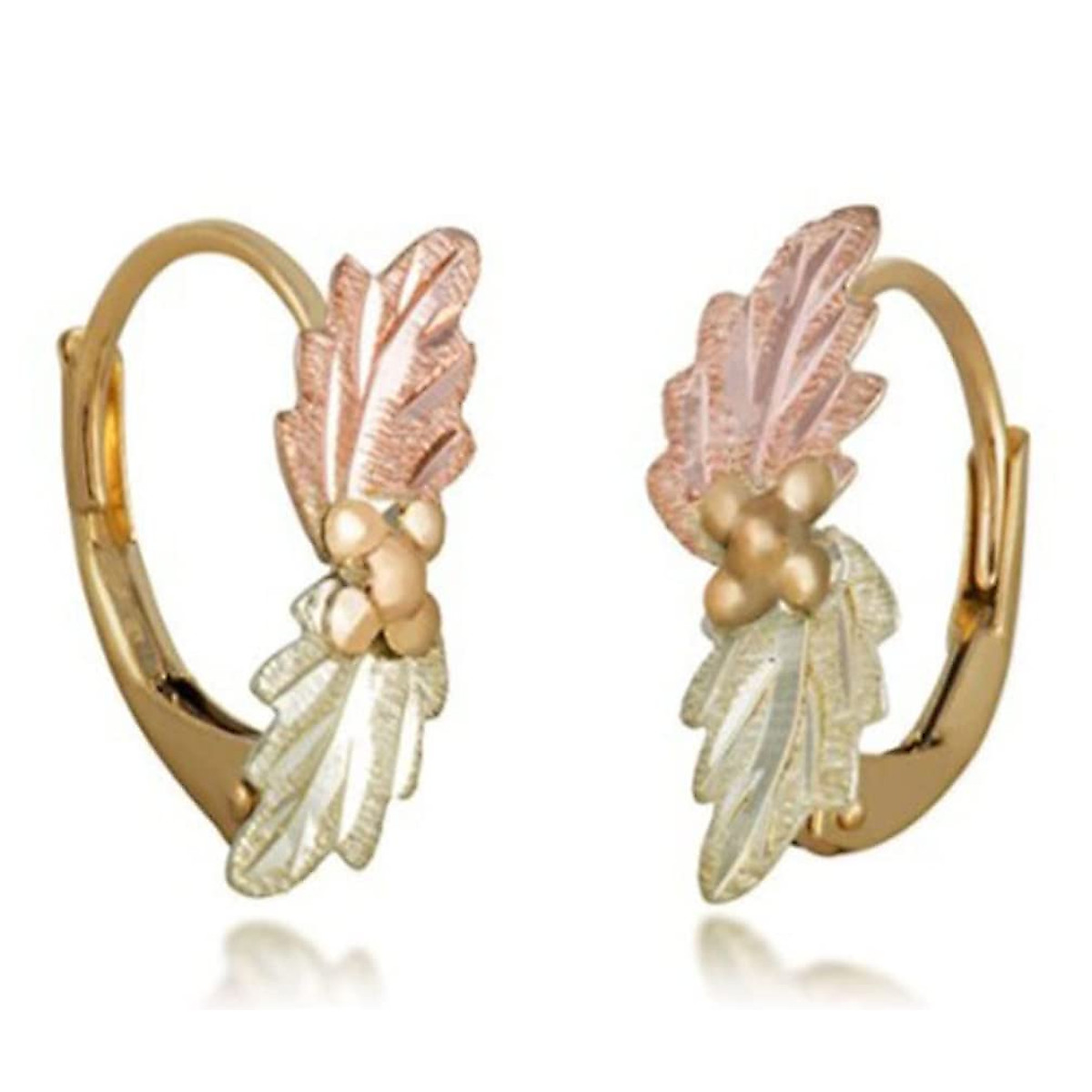 Precious Leaf Leverback Earrings, 10k Yellow Gold, 12k Green and Rose Black Hills Gold