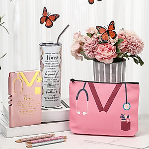 Domensi 6 Pcs Nurse Week Appreciation Gifts for Women Medical Nursing Assistant 20 oz Marble Sign Tumbler Makeup Bag Notepad with Ballpoint Pen for Graduation Nursing Student(Pink)