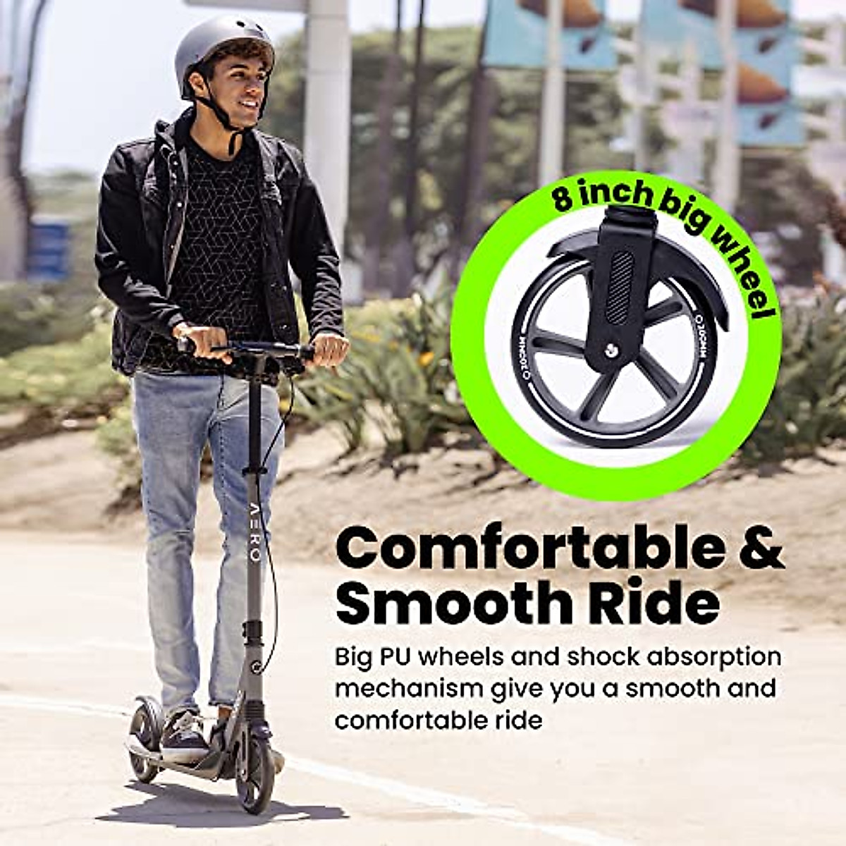 Aero Big Wheels Kick Scooter for Kids 8 Years Old, Teens 12 Years and up, Youth and Adults. Commuter Scooters with Hand Brake, Soft Rubber mat, Shock Absorption, Foldable and Height Adjustable.