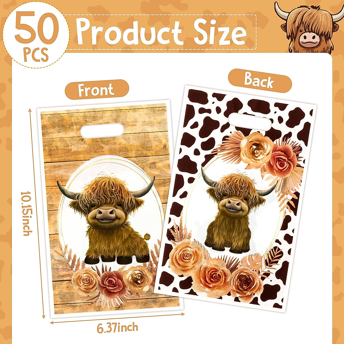 ArianQicult Highland Cow Party Favor Bags - 50Pcs Brown Cow Print Goody Candy Treat Gifts Bags, Highland Cattle Themed Party Decorations for Kids Birthday Baby Shower Animals Theme Events Supplies