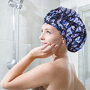 POZILAN Luxury Shower Cap for Women, Waterproof Reusable Shower Caps Double Layers Soft Silk Satin Lined, Extra Large for Long Hair, Adjustable for Most Heads Size