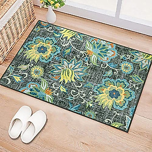 Beeiva Floral Small Entryway Area Rug, 2x3 Green Washable Kitchen Rug Non Slip Front Door Rug Indoor Entrance, Modern Plant Doormat Non-Shedding Throw Entry Rugs for Inside House Bedroom Bathroom