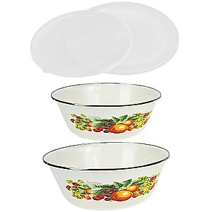 Angoily 2 Sets of Enamel Bowls with Lids Enamelware Soup Basins Vintage Salad Bowl Enamel Noodle Bowls Round Serving Bowl Vegetable Fruit Containers