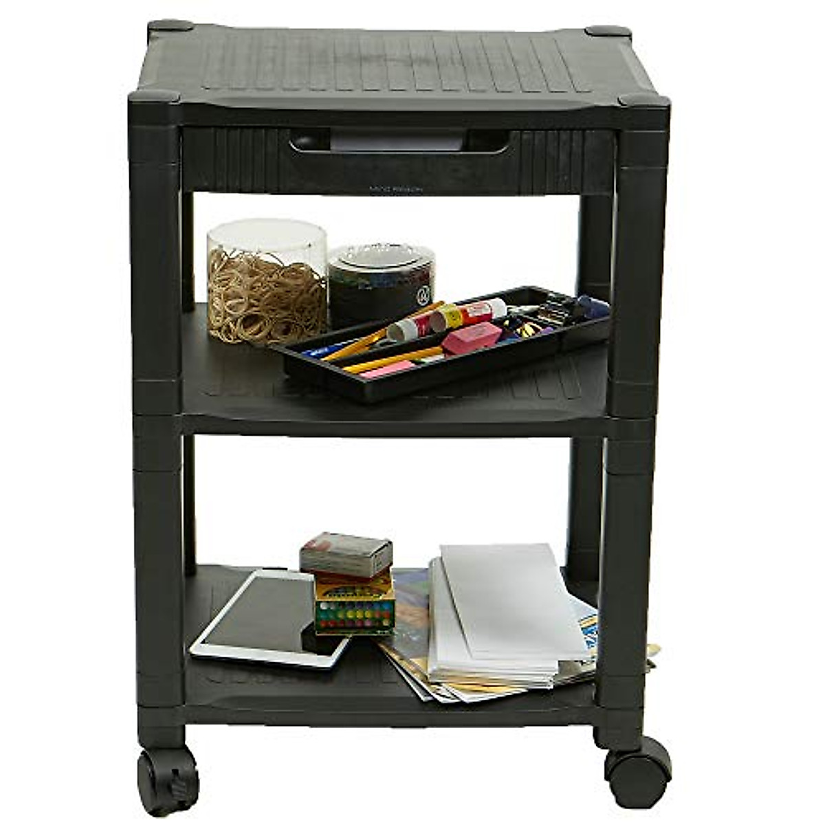 Mind Reader 3-Shelf Printer Cart, Stand with Wheels, Drawer, Cord Management, Black