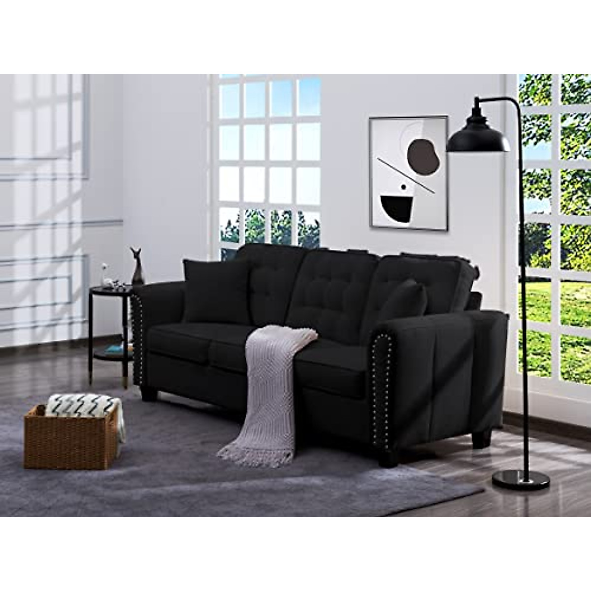 86.6” Flare Arm Polyester Upholstered Sofa with 2 Pillows - 3-Seater Couch for Living Room, Bedroom, Lounge, Office - Contemporary Design, Home Decor Furniture Accessory (Black)