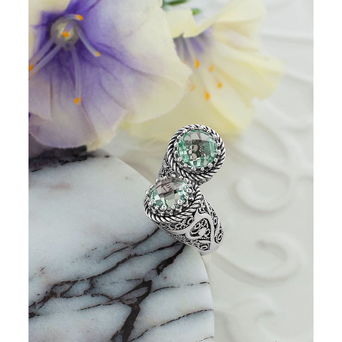 925 Sterling Silver Filigree Art Women Bypass Cocktail Ring, Gift Packed (Prasiolite, 11)