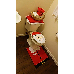Ohuhu Christmas Bathroom Sets, Santa Toilet Seat Cover 4-Piece Christmas Bathroom Decor, Toilet Seat Cover and Rug Set, Santa on The Toilet Ornament, Santa Claus Toilet Seat for Christmas Decorations
