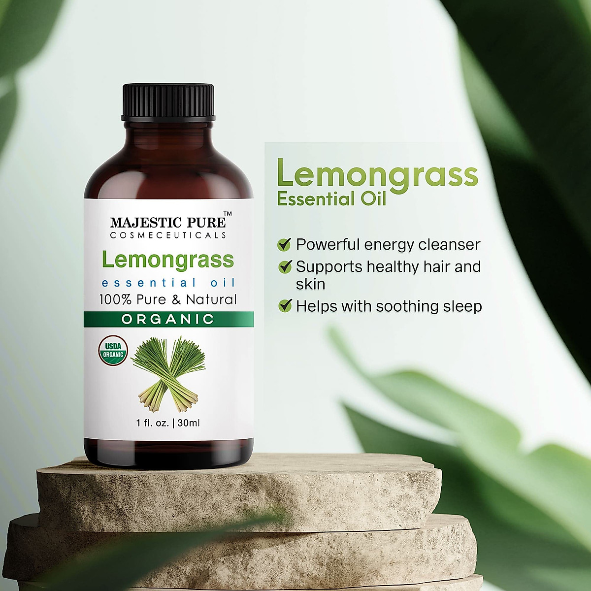 Majestic Lemongrass USDA Organic Essential Oil | 100% Organic | Premium Quality Oil for Aromatherapy, Massage, DIY Recipes| 1 fl oz
