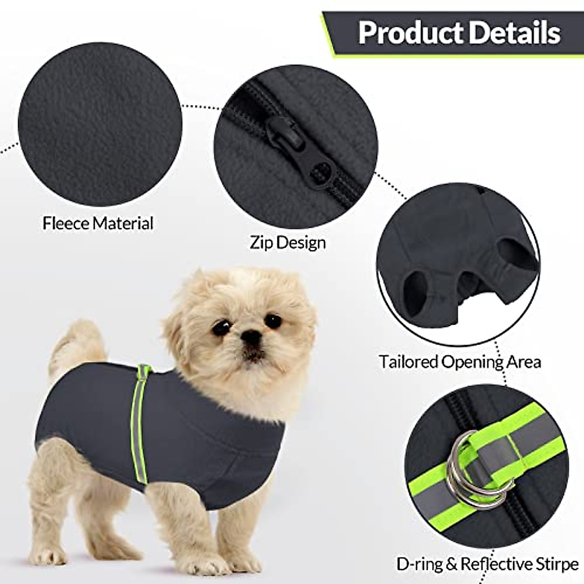 SAWMONG Fleece Dog Vest, Zipper Up Dog Coat Turtleneck Sweater with Harness for Small Medium Dogs, Warm Dog Surgery Recovery Suit, E-Collar Alternative for Male Female Dog,Grey L