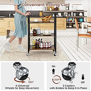 Giantex Foldable Storage Shelves with Wheels, No Assembly 3-Tier Rolling Cart, 2 of The Wheels Have Locks, Microwave Utility Cart Baker Rack, Portable Storage Rack w/Metal Frame, for Kitchen, RV