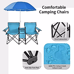 ARLIME Double Folding Beach Chairs, Outdoor Picnic Portable Loveseat Chairs with Removable Umbrella & Mini Table Carrying Bag, Camping Chair for Patio, Pool, Park (Turquoise)