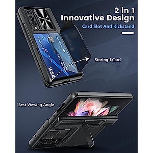 Viaotaily for Samsung Galaxy Z Fold 3 Case with Card Holder & Kickstand & Slide Camera Protection, Built-in Screen Protector & Hinge Protection, Durable Shockproof Wallet Phone Case for Z Fold 3,Black