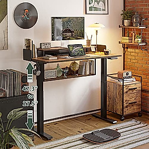 FEZIBO Electric Height Adjustable Standing Desk with Double Shelves, 48 x 24 Inch Home Office Desk with Monitor Stand and Storage, Sit Stand Lift Desk, Rustic Brown