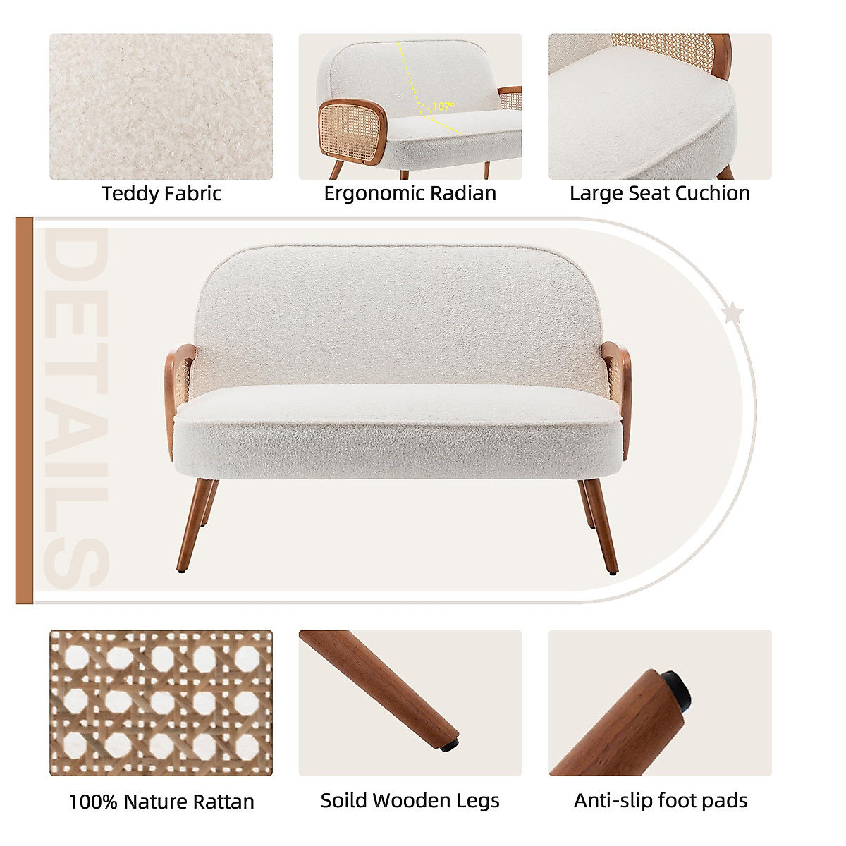 WENTMENT Loveseat Sofa Small Couch for Living Room Teddy Love Seat with Natural Rattan Armrest and Solid Wooden Legs Small Sofa for Small Space, Bedroom, Apartment（White）