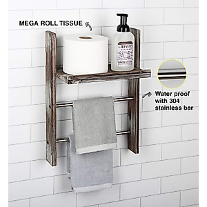 J JACKCUBE DESIGN Rustic Wood Wall Mount Towel Rack with Shelf, Blanket Ladder for Bathroom, Kitchen Hand Towels Holder, Stainless Towel Bar Hanger Farmhouse Decor - MK576A