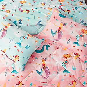 UMCHORD Pink Mermaid Kids Bedding Set for Girls, Twin Size 5 Pieces Bed in a Bag, Super Soft Lightweight Microfiber Comforter Set with Sheets, Hotel Quality Durable Children Bed Set