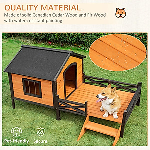 PawHut Wooden Dog House with Porch, Outside Dog House with Water-Resistant Asphalt Roof, Ladders, Fencing, Window, for Small and Medium Dogs, Natural