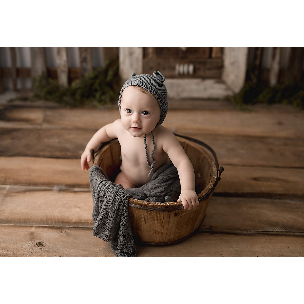 Newborn Photography Props with Baby Wrap - Long Ripple Stretch Wrap with Crochet Beanie Hat and Knitted Teddy Bear - Complete 3 Piece Outfit Set to Swaddle Infant for Boys or Girls Photoshoot Session