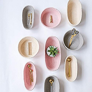 BQEE Cotton Rope Handmade Woven Home Storage Household Candy Toys Storage Basket Sundries Collection Box Candy Snack Food Tray SML Pack of 3 (Oval, White)