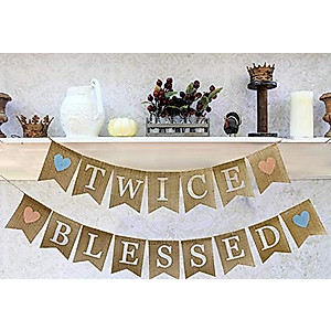 Rustic Burlap Twice Blessed Banner,Twins Baby Shower Gender Reveal Party Supplies and Decorations,Pregnancy Photo Prop,Twin Boys Girls Bunting for Nusery Room Decor