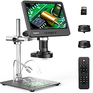 TOMLOV DM602 Pro 10.1" HDMI Digital Microscope 2000x, Pro Boom Arm Stand, LCD Soldering Microscope with 3 Lens, Adults Microscope for Electronics Repair, Coin Microscope Ring Light, PC Compatible, 64G