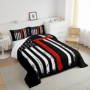 Boys Firefighter Twin Size Comforter Set,Kids American Flag Decor All Season Bedding Set,Teens Fireman Comforter,Children Red Black White Decor Quilt Set Bedroom Collection 2Pcs